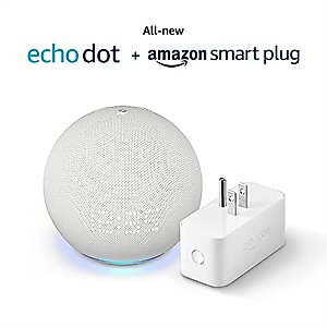 All-New Echo Dot (5th Gen, 2022 release) with clock with Amazon Smart Plug | Glacier White
