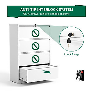 BIZOEIRON 4 Drawer Lateral File Cabinet with Lock, Metal Filing Cabinets for Home Office, Steel Storage Wide File Cabinet for Letter/Legal/F4/A4 Size with Hanging Bars, Assembly Required (White)