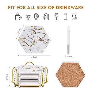 Geichan Marble Gold Coasters for Drinks Absorbent with Cork Base, 6pcs Drink Coasters for Wooden Table with Metal Holder, Gold Ceramic Cup Coaster Set Home Decor for Tabletop Protection