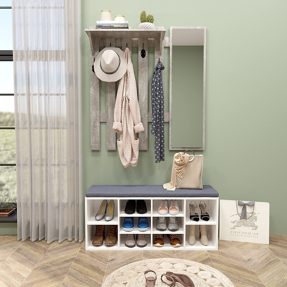 39.4" Coat Rack Wall Mount with Mirror, Wall Shelf with 5 Hooks and Storage for Hallway Entryway Modern (Grey)