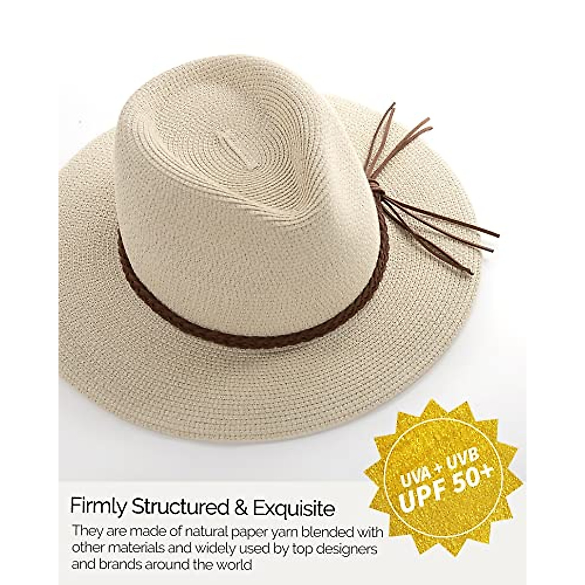 FURTALK Sun Hats for Women Summer Wide Brim UV UPF 50+ Panama Fedora Foldable Packable Straw Beach Hat Medium Beige