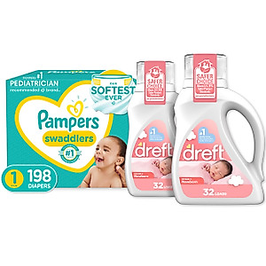 Baby Diapers Newborn/Size 1 (8-14 lb), 198 Count and Baby Laundry Detergent Pack of 2 - Pampers Swaddlers, One Month Supply & Dreft Stage 1 Newborn Hypoallergenic 50 Fl Oz (Packaging May Vary)