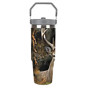 YTLKGFP 30 Oz Large Capacity Car Cup Camouflage Deer Tumbler with Handle Straw Lid Insulated Stainless Steel Water Bottle Travel Mug Leak-proof Car Cup Keeps Cold Or Hot