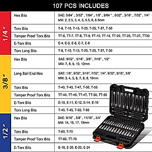 RIMKOLO 107-Piece Allen and Torx Bit Socket Set, 1/4", 3/8" and 1/2" Drive Hex/Ball End Hex/Torx/Extra Long Torx/Tamper Proof Torx SAE & Metric Bit Set