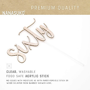NANASUKO 60th Birthday Cake Topper - sixty - Double Sided Rose Gold glitter - Premium quality Made in USA