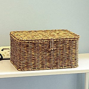 Zerodeko Woven Basket with Lid Seagrass Storage Baskets Wicker Storage Boxes Decorative Rattan Bins Household Organizer Boxes Shelf Wardrobe Organizer for Makeup Clothes Brown