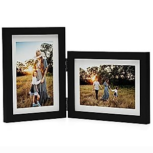 Janreefan Double Vertical & Horizontal Picture Frames Hinged Folding Photo Frames in Black Made of Pine Wood with Real Glass for Wall Hanging or Tabletop Standing, Display Pictures 4x6 with Mat or 5x7 Without Mat P-S57H75-HEI