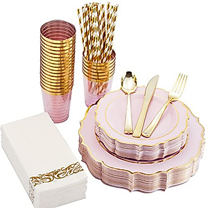 ISFANGCO 200 PCS Pink Thickened Plastic Plates Set for 25 Guests,Gold Rimmed Heavy Duty Disposable Plates for Party Wedding with Napkins,25 Dinner Plates,Dessert Plates,Spoons,Forks,Knives,Cups