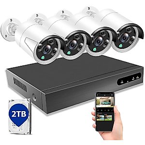 GT HITGX 5MP POE Security Camera System, Home NVR Camera System 4pcs Wired 5MP Outdoor IP Cameras, with 2TB HDD for 24-7 Recording, H.265 + NVR Security Camera with Night Vision, with Audio