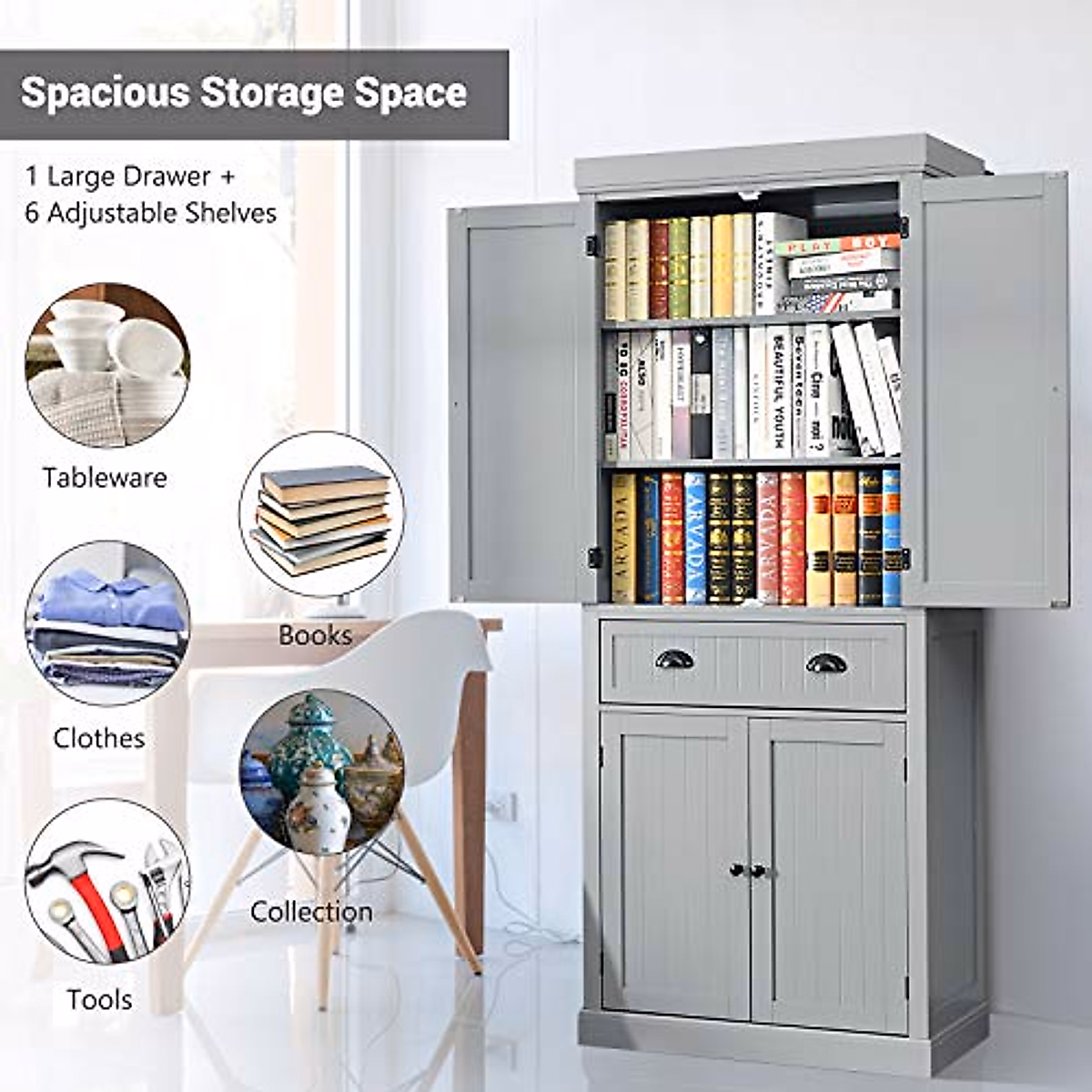 MAT EXPERT Kitchen Pantry Cupboard Cabinet, Freestanding Storage Cabinet w/Drawers & Adjustable Shelves, 4-Door Wooden Storage Organizer for Living Room/Kitchen/Bedroom (Gray)