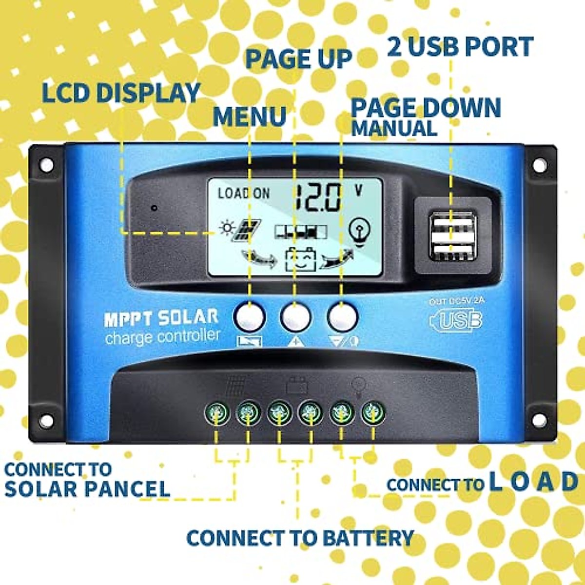 EpRec MPPT 40A 12V/24V Auto Focus Tracking Solar Panel Charge Controller Regulator with Dual USB Port,LCD Display, New Mppt Technical