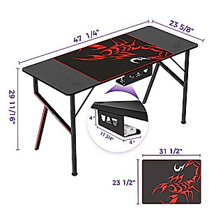 It's_Organized Gaming Desk 55 inch PC Computer Desk, K-Frame Home Office Desk Professional Gamer Workstation with Cup Holder Headphone Hook Gaming Handle Rack Free Mousepad, Black