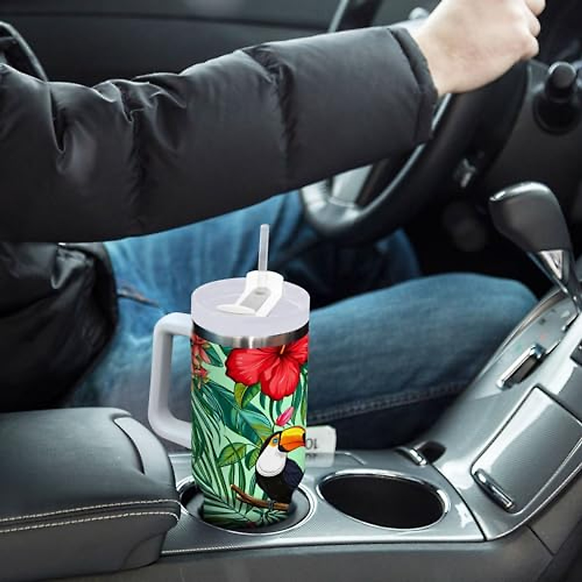 Burbuja Toucans Hibiscus 40oz Insulated Tumblers with Handle and Straw Lid, Double Wall Stainless Steel Travel Mug Leak-Proof, BPA Free, Gift for Mom Dad