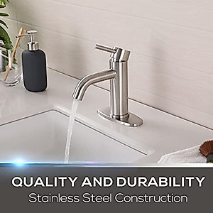 Mueller Premium Single-Hole Bathroom Sink Faucet, Single-Handle with Drain Assembly, Deck Plate for 1-Hole and 3-Holes Installations, Stainless Steel Brushed Nickel Finish, Supply Lines Preassembled