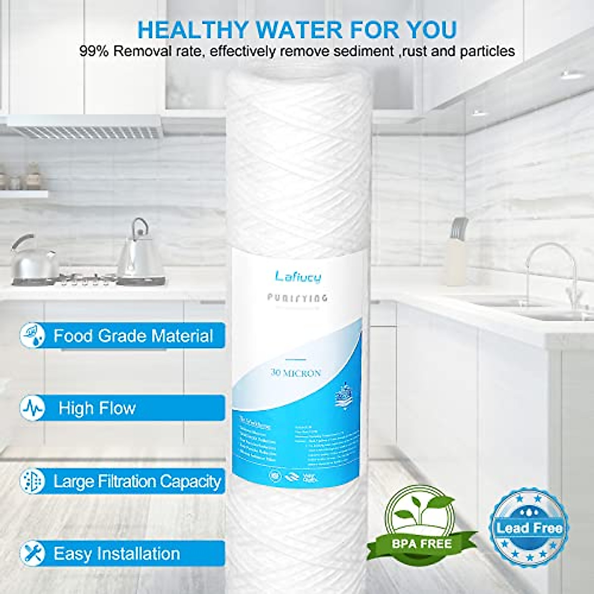 Lafiucy 30 Micron 10" x 2.5" String Wound Sediment Water Filter Cartridge,5 Pack,Whole House Sediment Filtration, Universal Replacement for Most 10 inch RO Unit