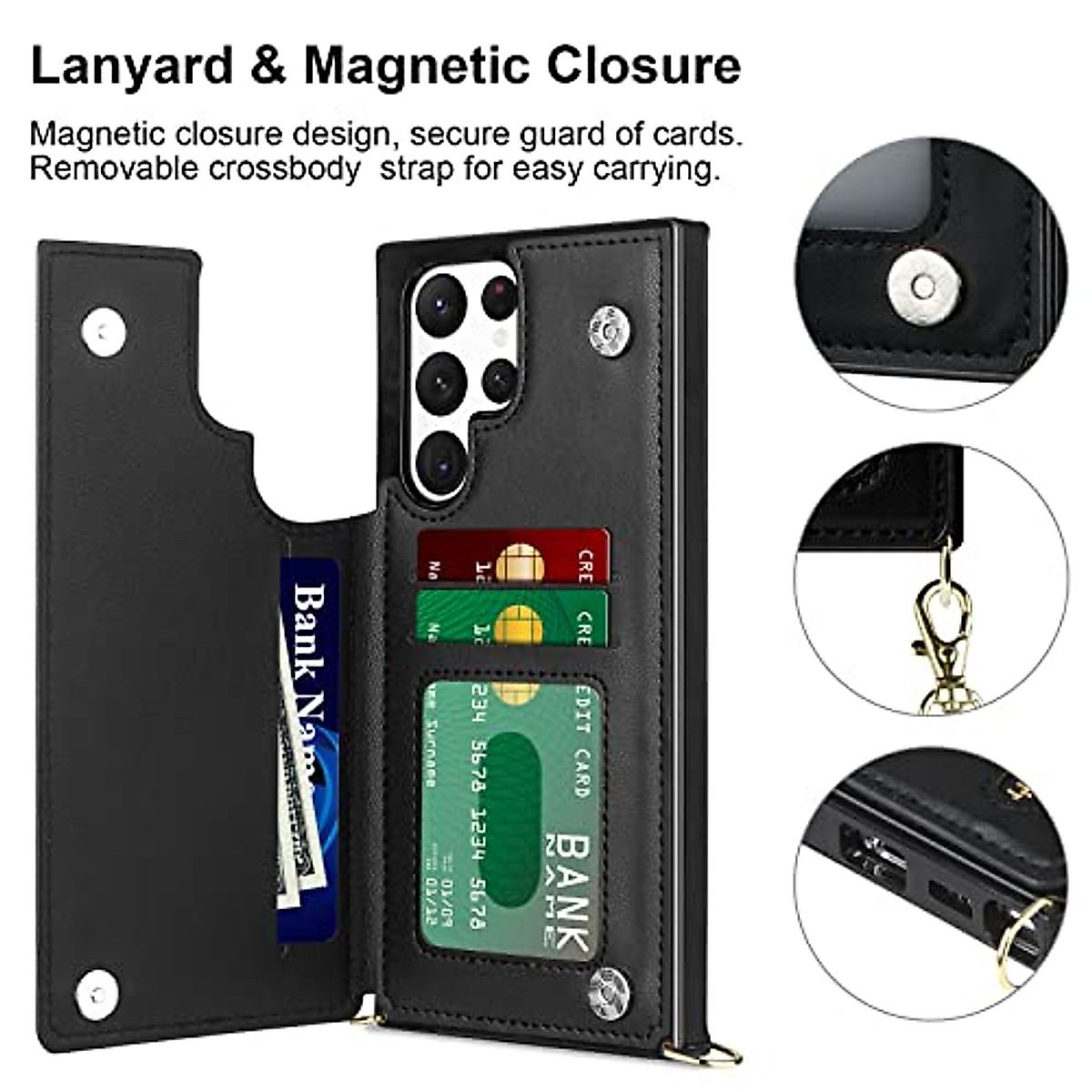 Vofolen Wallet Case for Samsung Galaxy S22 Ultra with Card Holder Lanyard Neck Crossbody Detachable Strap Zipper Purse Square Flip Slim PU Leather Double Magnetic Clasp Kickstand Cover 6.8 inch Black