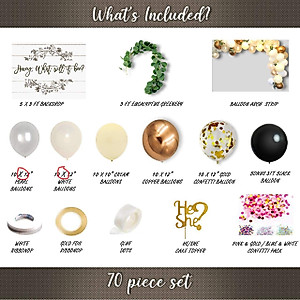 Gender Reveal Party Supplies - 70 Pieces - What Will It Bee Gender Reveal Banner, Gold, Green, Black, White Color Theme - Kit with Arch, Greenery, Balloons, Cake Topper, Black Gender Reveal Balloon