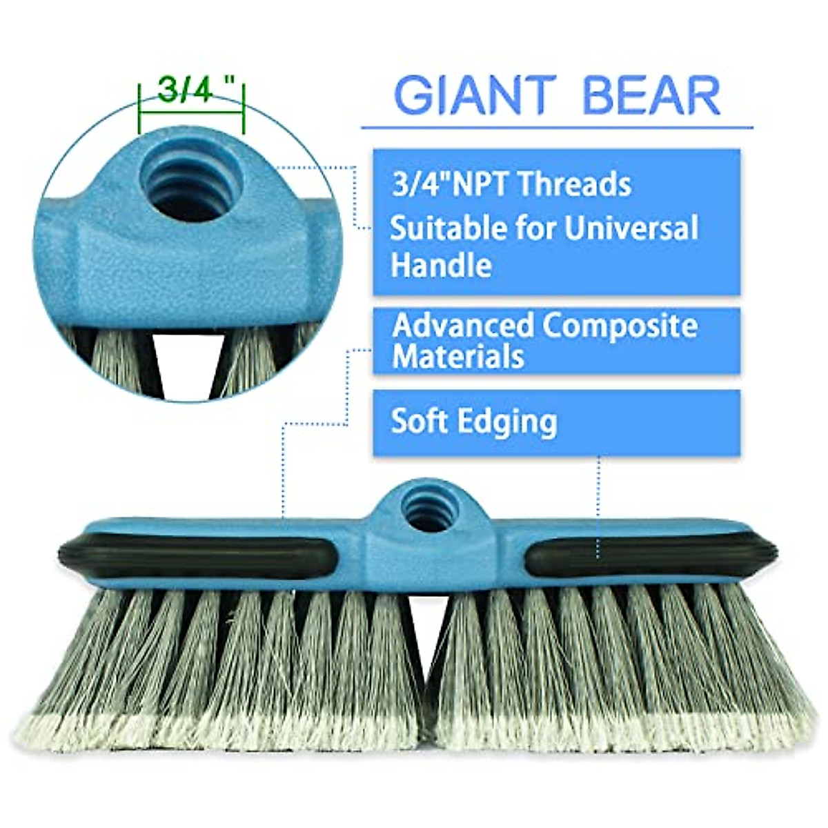 GIANT BEAR Soft Bristle car wash Brush Head (10"), Streamlined, Non-damaging, Scratch-Free, fits Standard Acme 3/4" trapezoidal Threads for car/Truck/Deck/SUV/Household Cleaning.