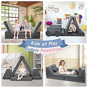 Esazn Kids Couch 10PCS Toddler Couch Kids Sofa, Modular Kids Play Couch, Nugget Couch Fold Out Couch Convertible Sofa Multifunctional Foam Play Couch for Playroom Bedroom, Small, Grey