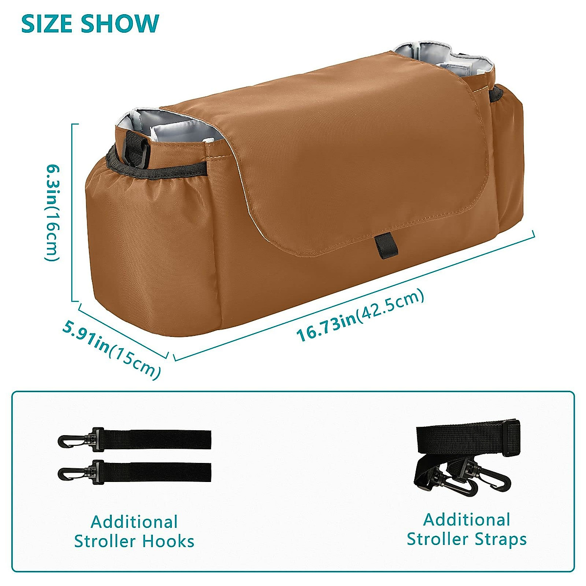 Saddle Brown Baby Stroller Organizer Large Capacity with 2 Cup Holder Adjustable Removable Shoulder Straps Abrasion-Resistant and Durable Fit Nearly Any Stroller