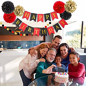 ANSOMO Red Black and Gold Happy Birthday Party Decorations Banner Swirls Balloons for Men Women Boys Girls Him Her