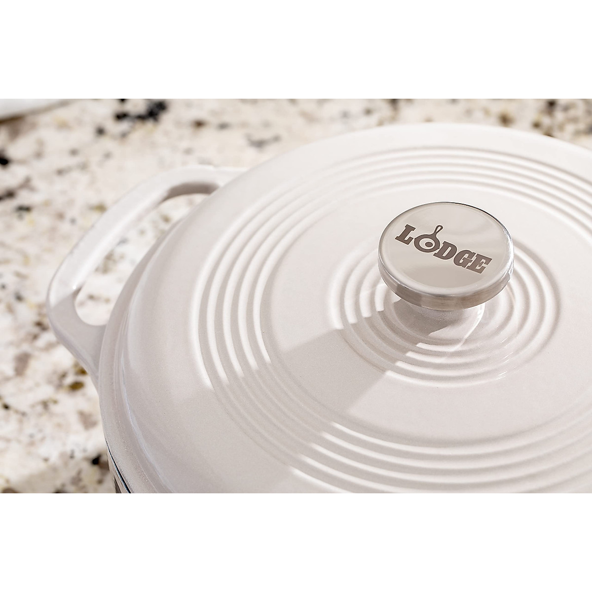 Lodge 6 Quart Enameled Cast Iron Dutch Oven with Lid – Dual Handles – Oven Safe up to 500° F or on Stovetop - Use to Marinate, Cook, Bake, Refrigerate and Serve – Oyster White