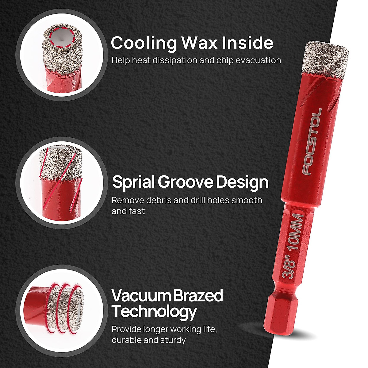 Dry Diamond Drill Bits Set - FOCSTOL 4pcs 6/8/10/12mm Diamond Hole Saw & 1pc 6mm Carbide Drill with Quick Change Hex Shank for Ceramic Porcelain Tile Marble Granite Quartz