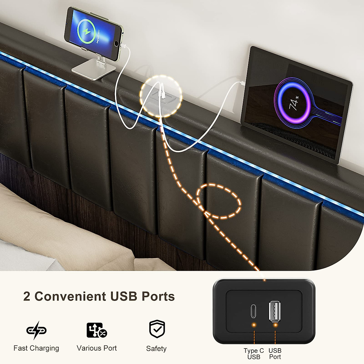 IKIFLY King Size LED Headboard with 2 USB Ports, Adjustable Height - Modern Faux Leather Headboard with Changing LED Lights - Easy Assembly, Upholstered King Headboard Only for Bedroom - Black