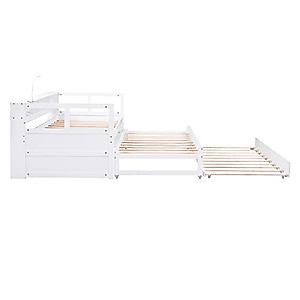 RORIGAT Twin XL Wood Daybed with 2 Trundles, 3 Storage Cubbies, 1 Light for Free and USB Charging Design, No Box Spring Needed, Wooden Platform Bed for Kids Teens Adults,White