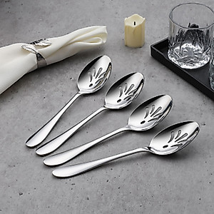 Stainless Steel Slotted Serving Spoons, E-far 4-Piece Metal Tablespoons Hostess Serving Utensils Set for Catering Buffet Party Kitchen Restaurant, Dishwasher Safe