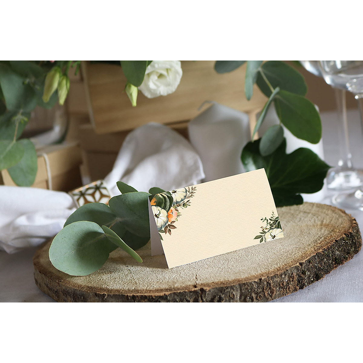Desert Mercantile Fall Harvest Pumpkin Place Cards - 25 pack – Tented Tabler Cards for Thanksgiving Table Decor, Autumn Weddings, Holiday Buffets, Dinner Parties, or Place Settings. 2"x3.5" (folded).