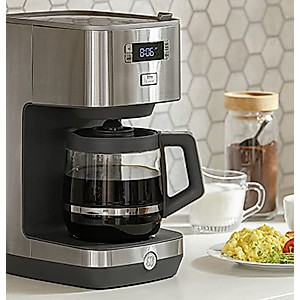GE Drip Coffee Maker With Timer | 12-Cup Glass Carafe Coffee Pot With Warming Plate | Adjustable Brew Strength | Wide Shower Head for Maximum Flavor | Kitchen Essentials | Stainless Steel