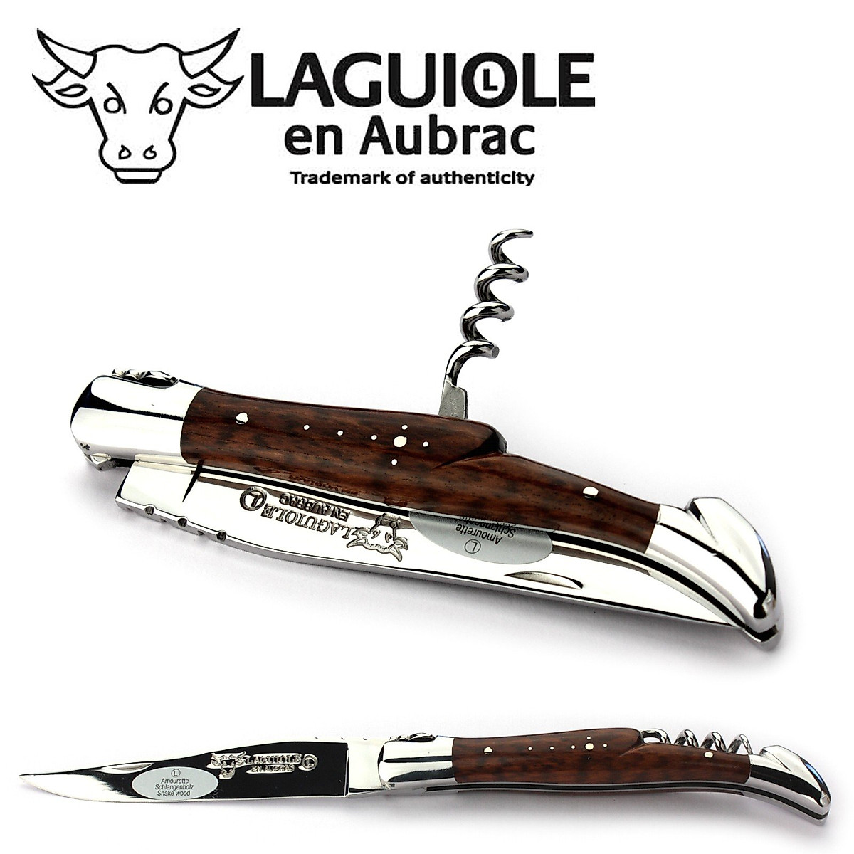 Laguiole en Aubrac Handmade Knife 12 cm Corkscrew L0312AMIF Snakewood Handle, Blade and bolsters Stainless Steel Shiny
