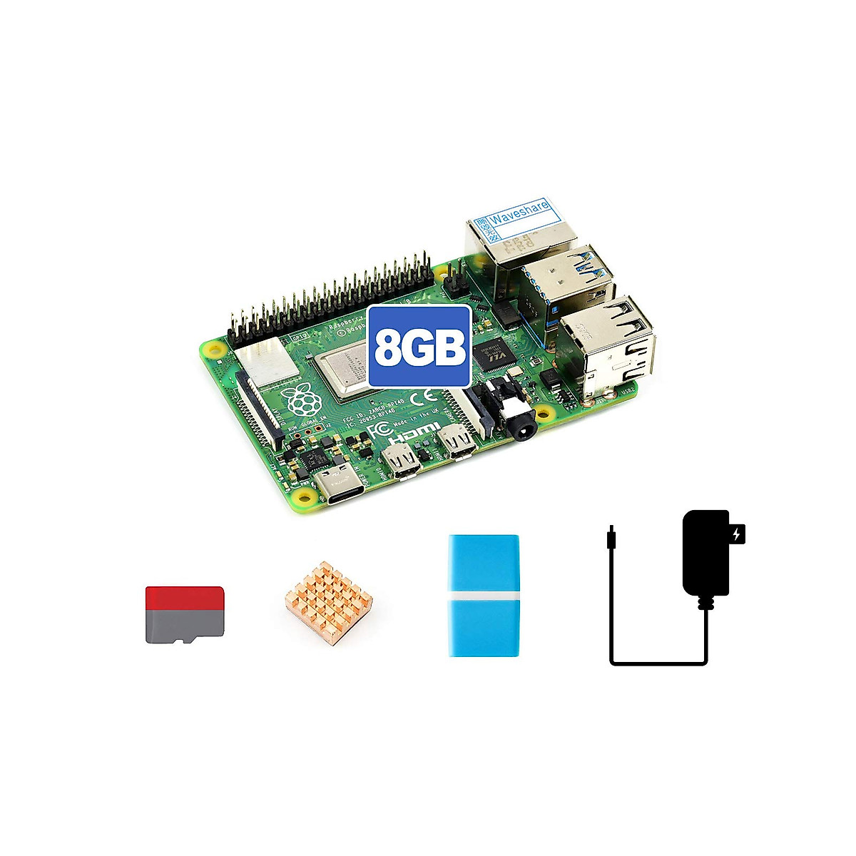 waveshare Accessory Compatible with Raspberry Pi 4B 8GB RAM, Comes with Raspberry Pi 4B 8GB, 16GB Micro SD Card, Heat Sink, Micro SD Card Reader, 5V Type-C Power Adapter (5 Items)