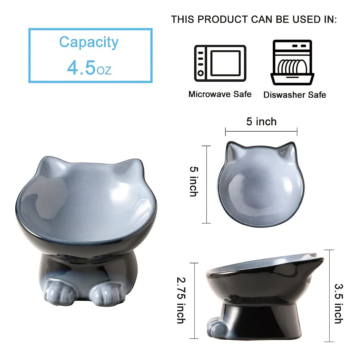 Nihow Elevated Cat/Dog Bowls: 5 Inch Ceramic Raised Cat Food & Water Bowl Set for Protecting Pet's Spine - Feeding & Watering Supplies for Pets - Elegant Gray (4.5 OZ /1 PC)