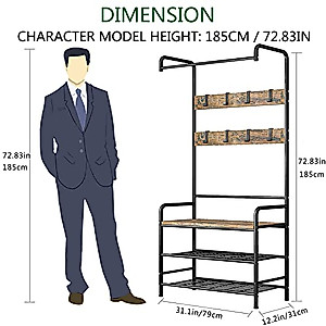 SUOERNUO Coat Rack Shoe Bench 3-in-1 Hall Tree Storage Shelf Organizer for Entryway Heavy Duty MDF Stand Coat Rack Industrial Accent Furniture with Stable Metal Frame (Rustic Brown + Black)