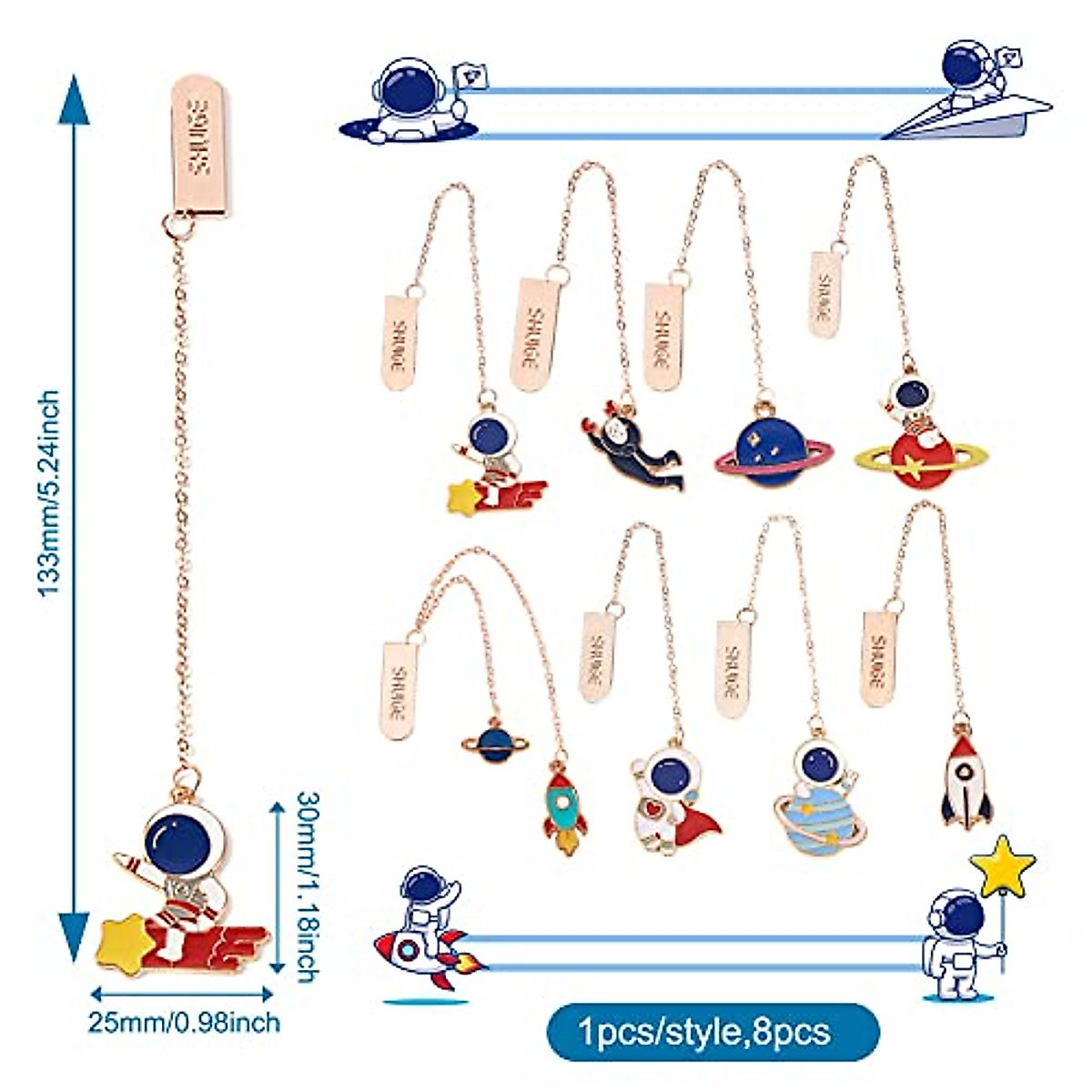 Beadthoven 8pcs Space Theme Metal Bookmarks with Chain Metal Enamel Charms Cute Astronaut Planet Rocket Metal Book Marker Page Clip Pendants for Student Kids School Office Book Reading Supplies