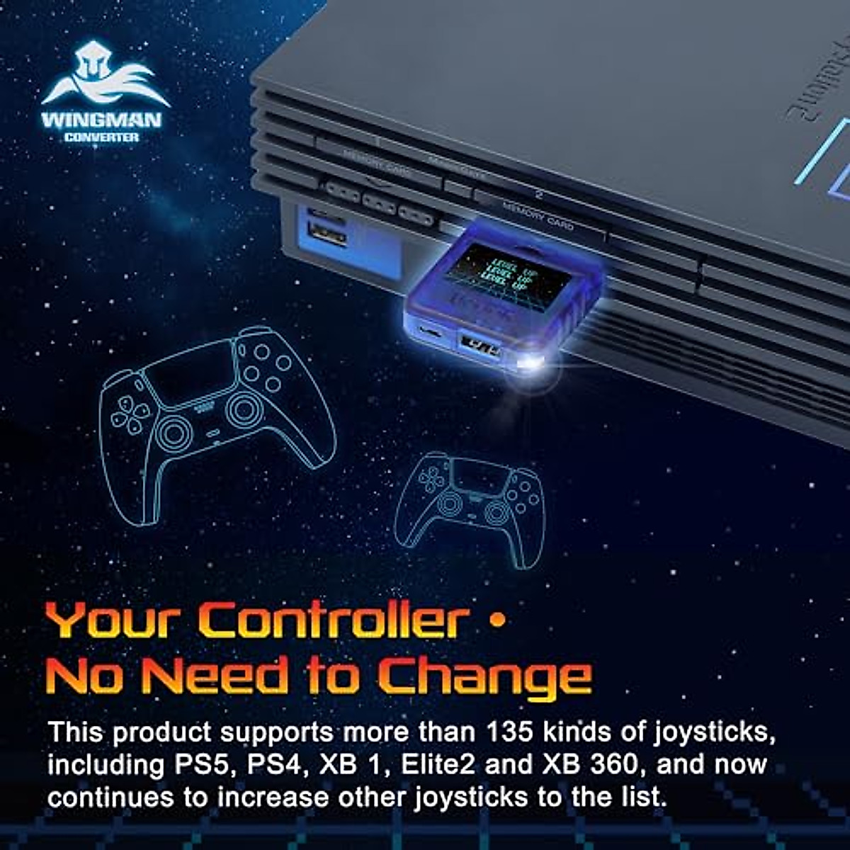 Brook Wingman PS2 Starry Blue Converter - Special Retro Consoles Converter for XB Series X|S, One, 360, Elite 1&2 and PS5/PS4/PS3, Switch Pro Controller on PS2/ PS1/ PS Classic Consoles (Starry Blue)