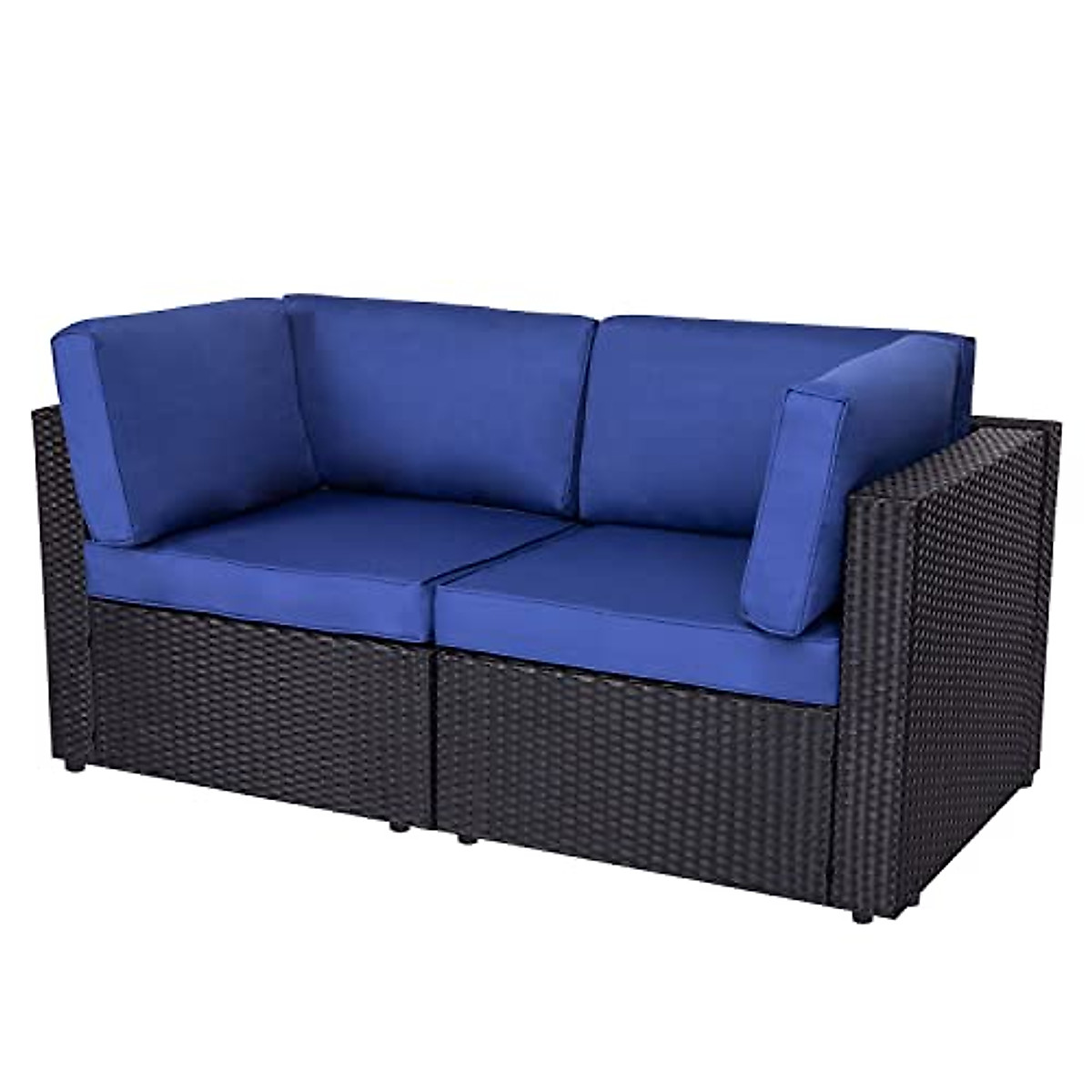 kinbor Black Wicker Patio Loveseat 2 PCS Outdoor Garden Furniture Set Rattan Corner Sofa with Thick Dark Blue Cushions