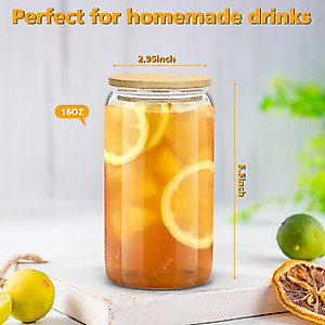 sungwoo Glass Cups with Bamboo Lids and Straws, 16OZ Ice Coffee Cup, Drinking Cup set with Wooden Lids, Home Essential Glass Tumblers for Beer, Cocktail, Tea and Latte Clear 4 Pack