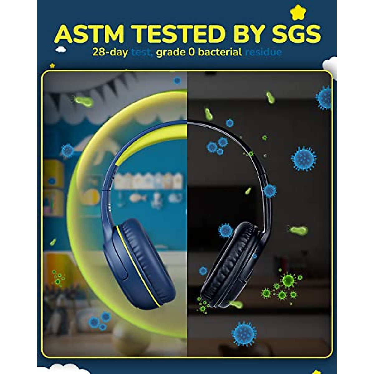 Kids Headphones for School Toddler Wired with Microphone Plug in Bulk Boys Headset Girls 3+ Year Old Blue Green shareport Phones Teen Volume Control Airplane Two People Childrens Babies Over Ear