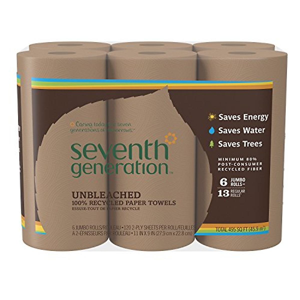 Seventh Generation Unbleached Paper Towels, 100% Recycled Paper, 6 Count, Pack of 4