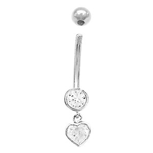 Ritastephens 14k Solid White Gold Cubic Zirconia Dangle Heart Belly Button Navel Ring Body Art 14 Gauge