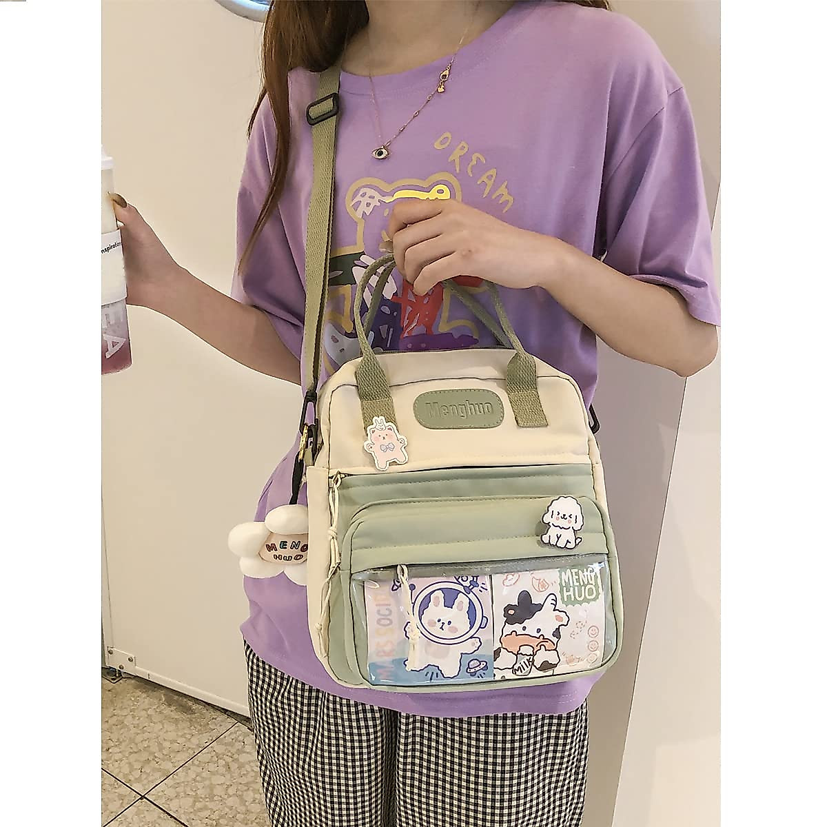 Kawaii Backpack with Cute Pin Flower Accessories Shoulder Tote Bag for Girls Schoolbag for Student Travel Casual Daypack (Green, One Size)