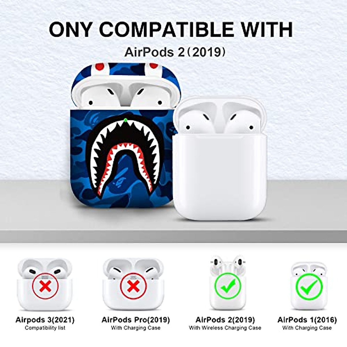 CULIPPA for AirPods 2 Case Cover Shark Mouth Camo Style Pattern Design for Airpods 2nd Generation Silicone Protective Case Shockproof for Women Girls with Keychain for Apple Airpods 2/1 Charging Case