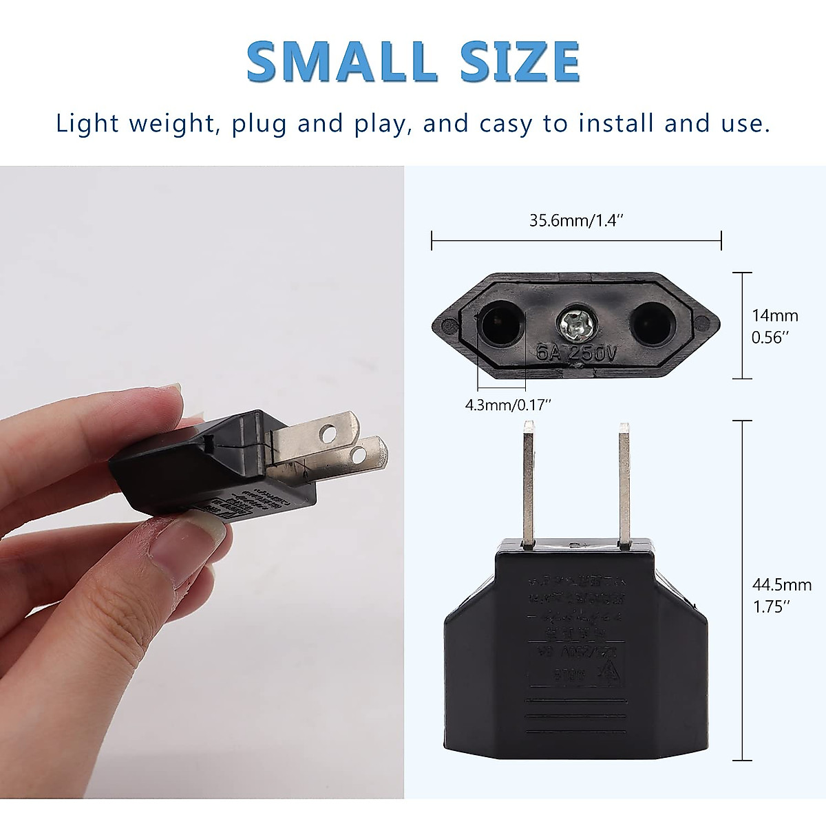 TWTADE 6pcs EU to US Plug Adapter Europe to USA Travel Small Power Plug 6A 125V/250V Adapter Converter (Black) I-021