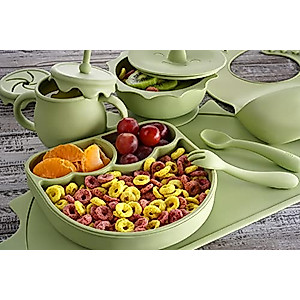 Baby Pastels - Baby Feeding Set - Baby Led Weaning Supplies - Silicone Suction Utensils/Cutlery/Dishes/Dinnerware for 6-36 months - Bowl, Plate, Spoon Fork, Bib, Placemat, Cup 11 Pieces (Pastel Green)