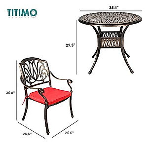 TITIMO 5 Piece All-Weather Cast Aluminum Outdoor Patio Deck Dining Set w/Round Table and 4 Chairs, Red Cushions, Umbrella Hole - Deep Bronze