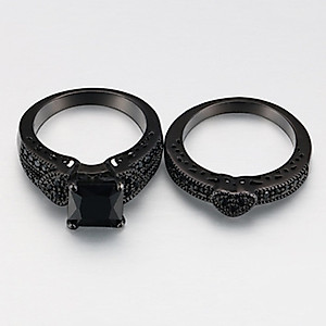 FENDINA Womens Vintage Luxurious Black Gold Plated Wedding Engagement Rings Nano Cubic Zirconia Anniversary Promise Rings Set, Size 9