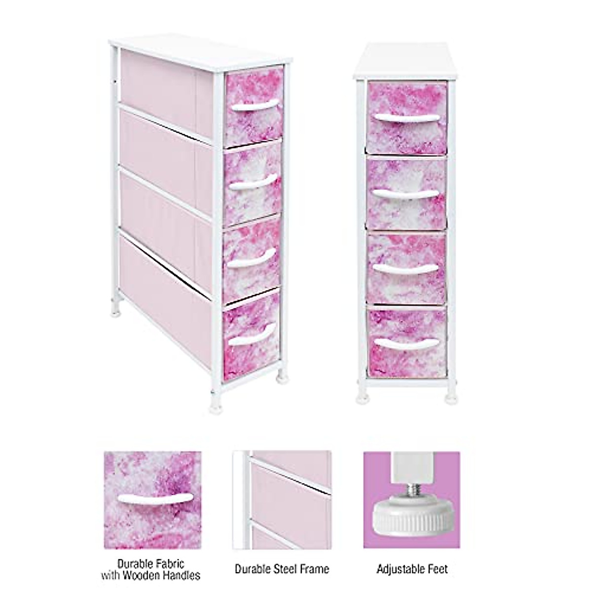 Sorbus Narrow Dresser Tower with 4 Drawers - Vertical Storage for Bedroom, Bathroom, Laundry, Closets, and More, Steel Frame, Wood Top, Easy Pull Fabric Bins (Tie-dye Pink)